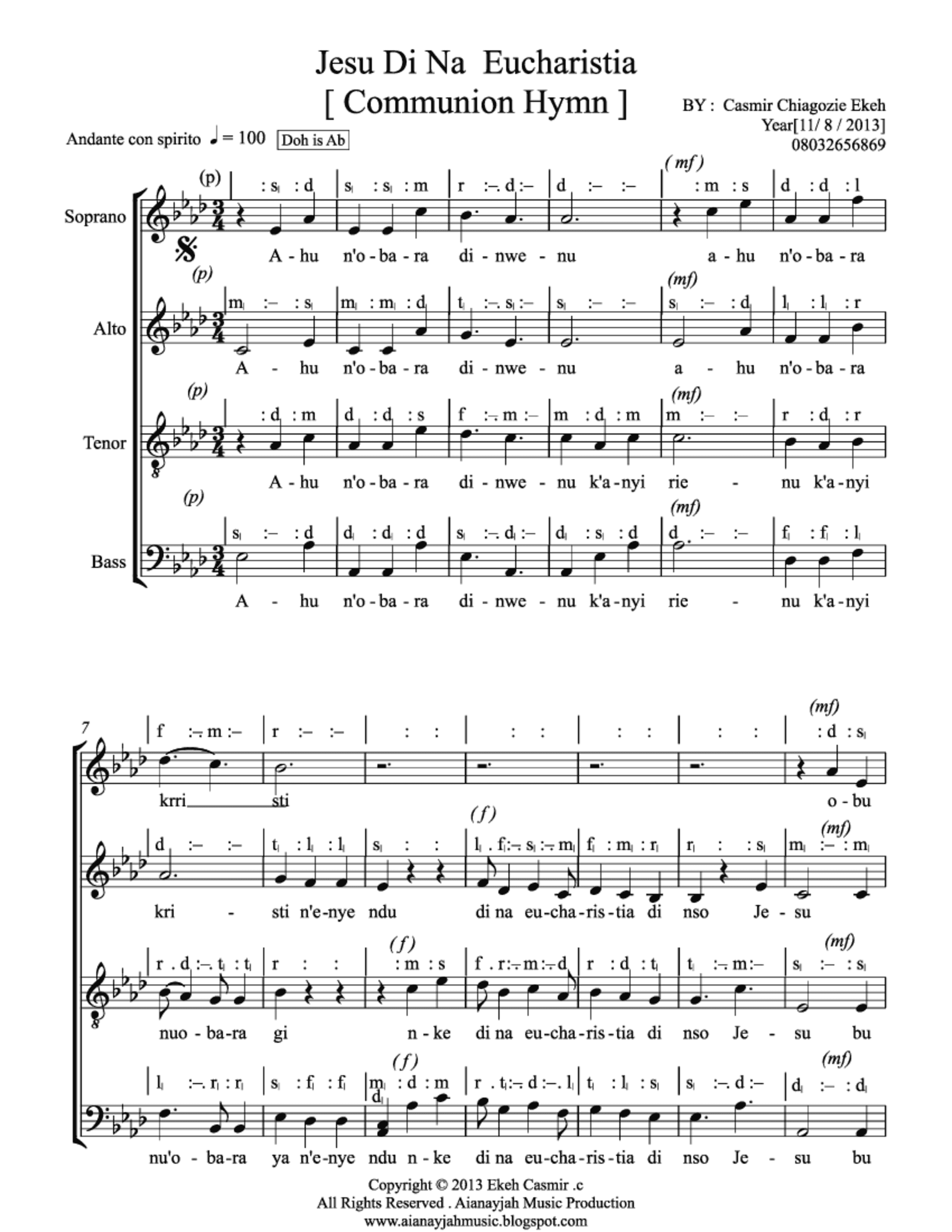 Jesu Di Na Eucharistia by casmir chiagozie ekeh | ChoirScript.net