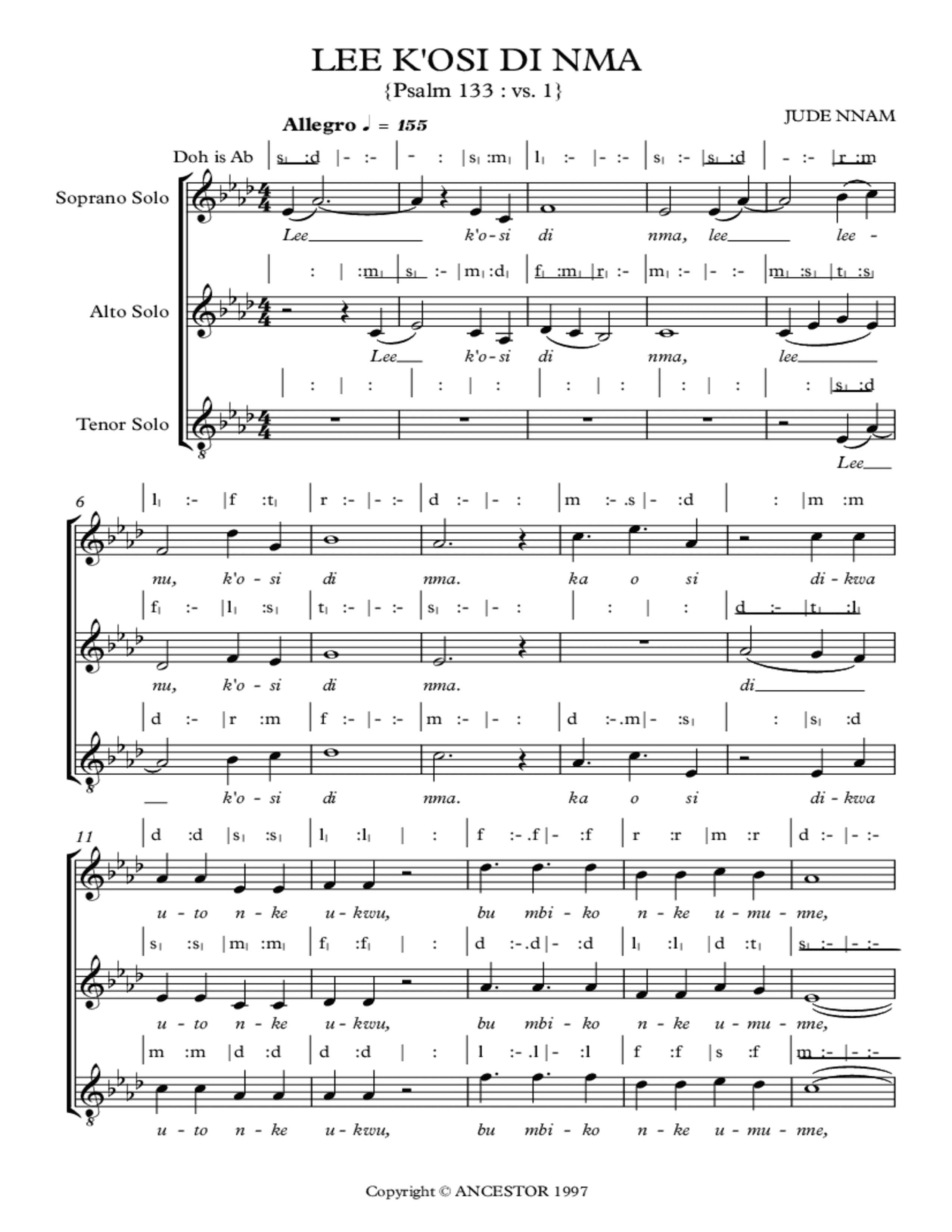Lee Kosi Di Nma by jude nnam | ChoirScript.net