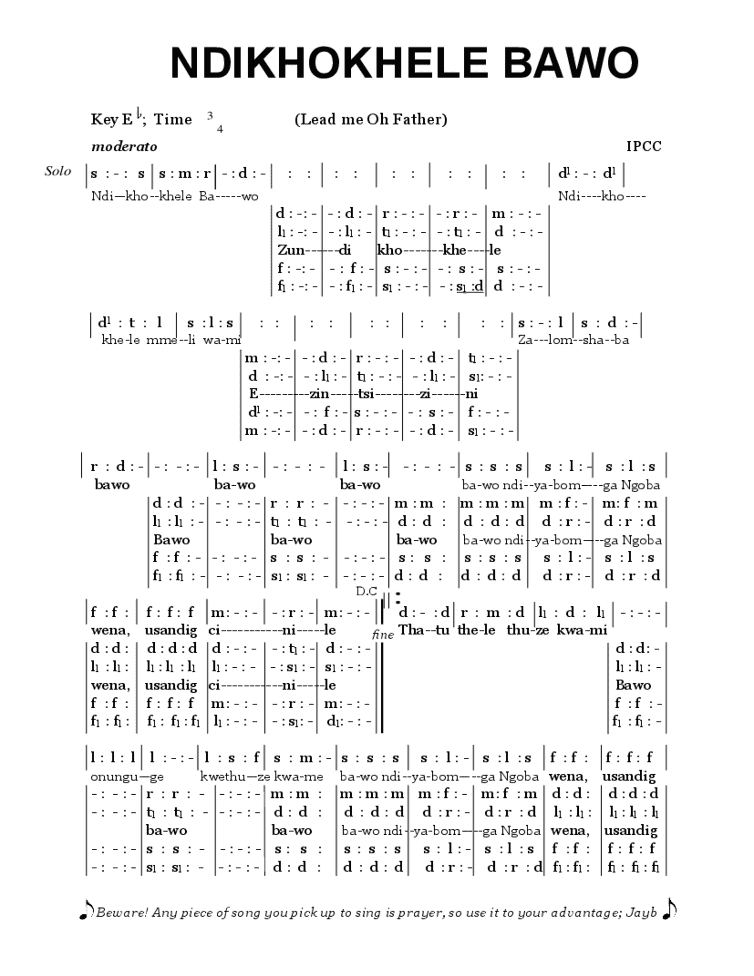 Ndikhokhele Bawo(Lead Me O Father) | ChoirScript.net
