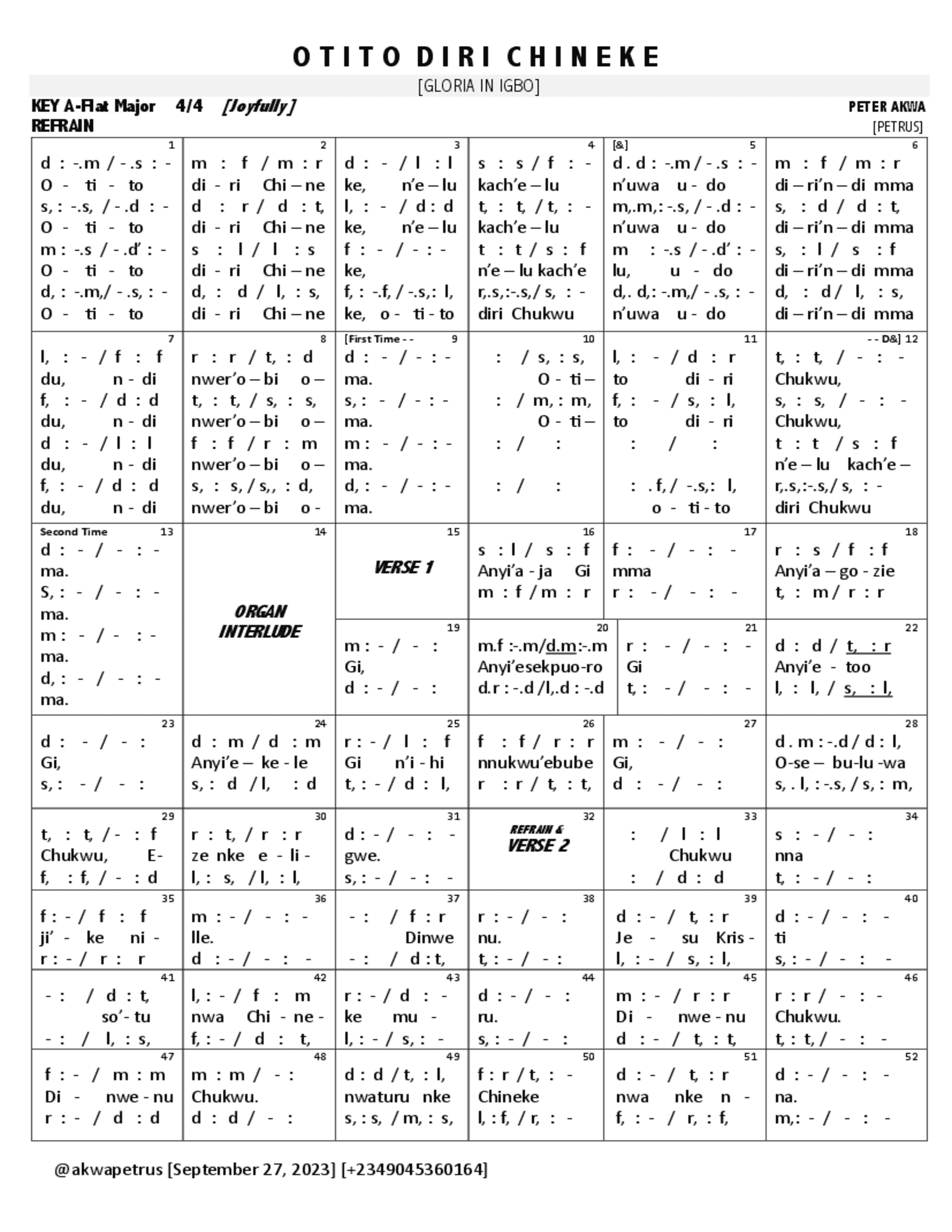 Otito Diri Chineke (Gloria In Igbo) by linus ejere | ChoirScript.net