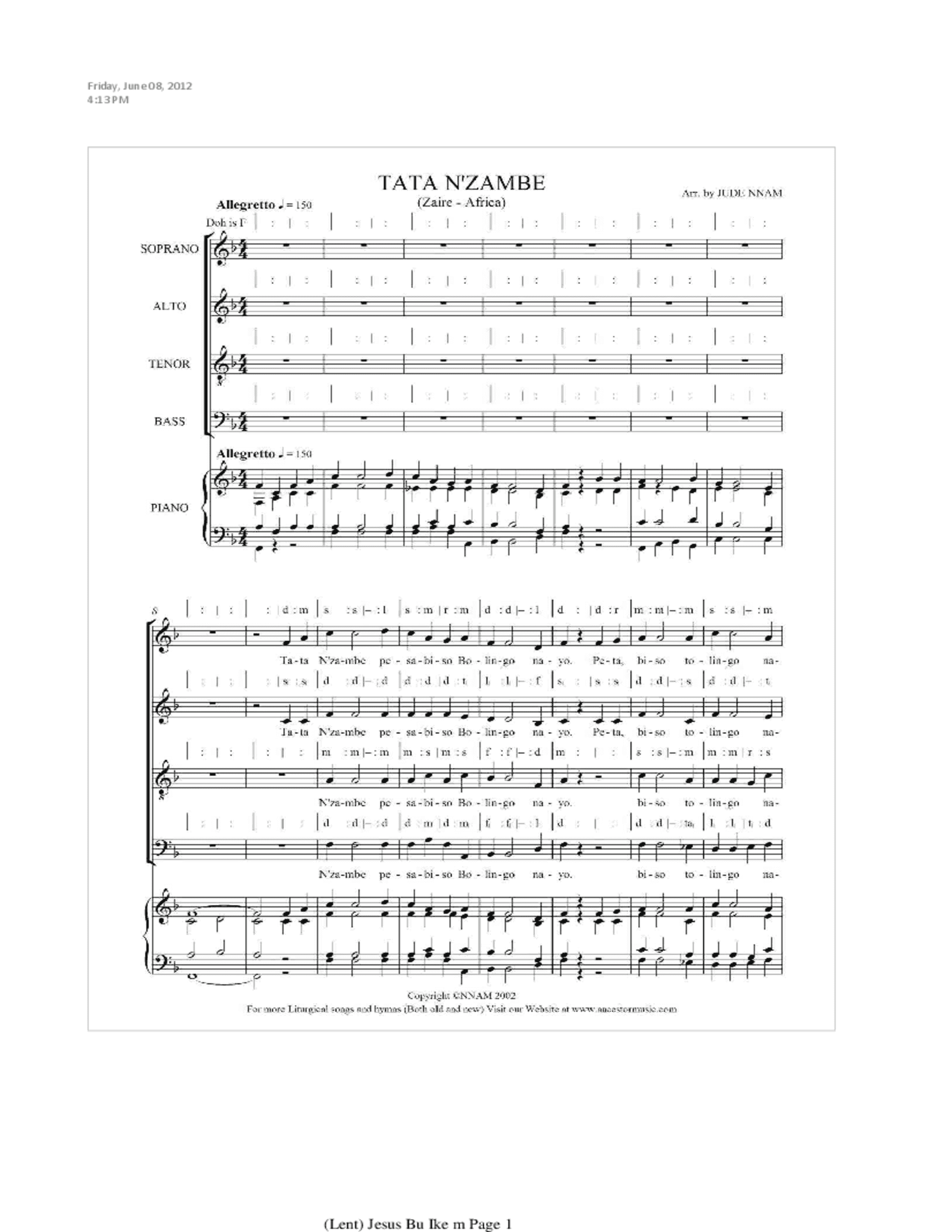 Tata Nzambe (Zaire) by jude nnam | ChoirScript.net